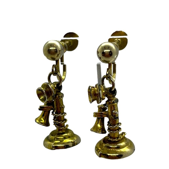 Jewelry | Vintage Gold Tone Candle Stick Old Phone Dangle Screw Back ...